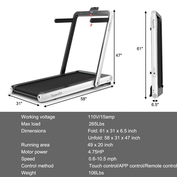 4.75HP 2 In 1 Folding Treadmill with Remote APP Control-White – Skonyon