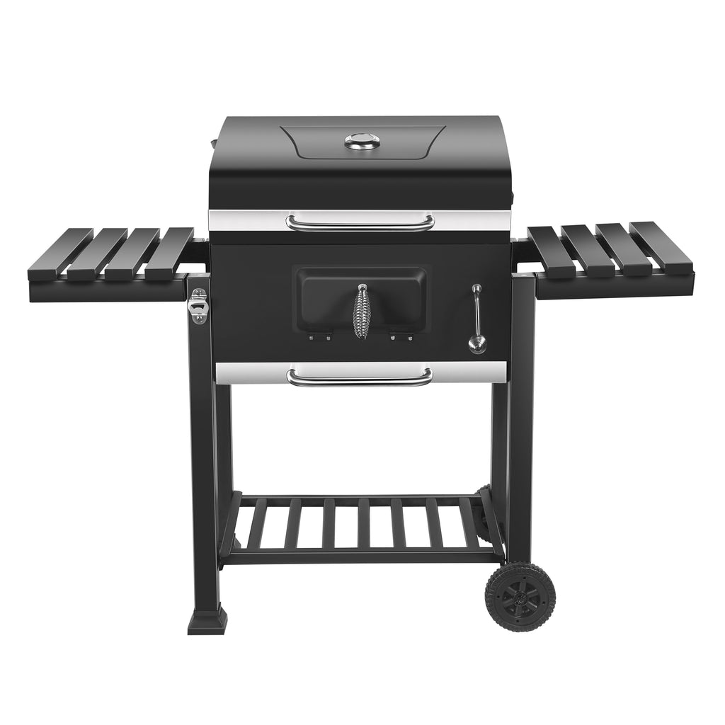Heavy-Duty Extra-Large Charcoal Grill with Foldable Side Shelves in Bl ...