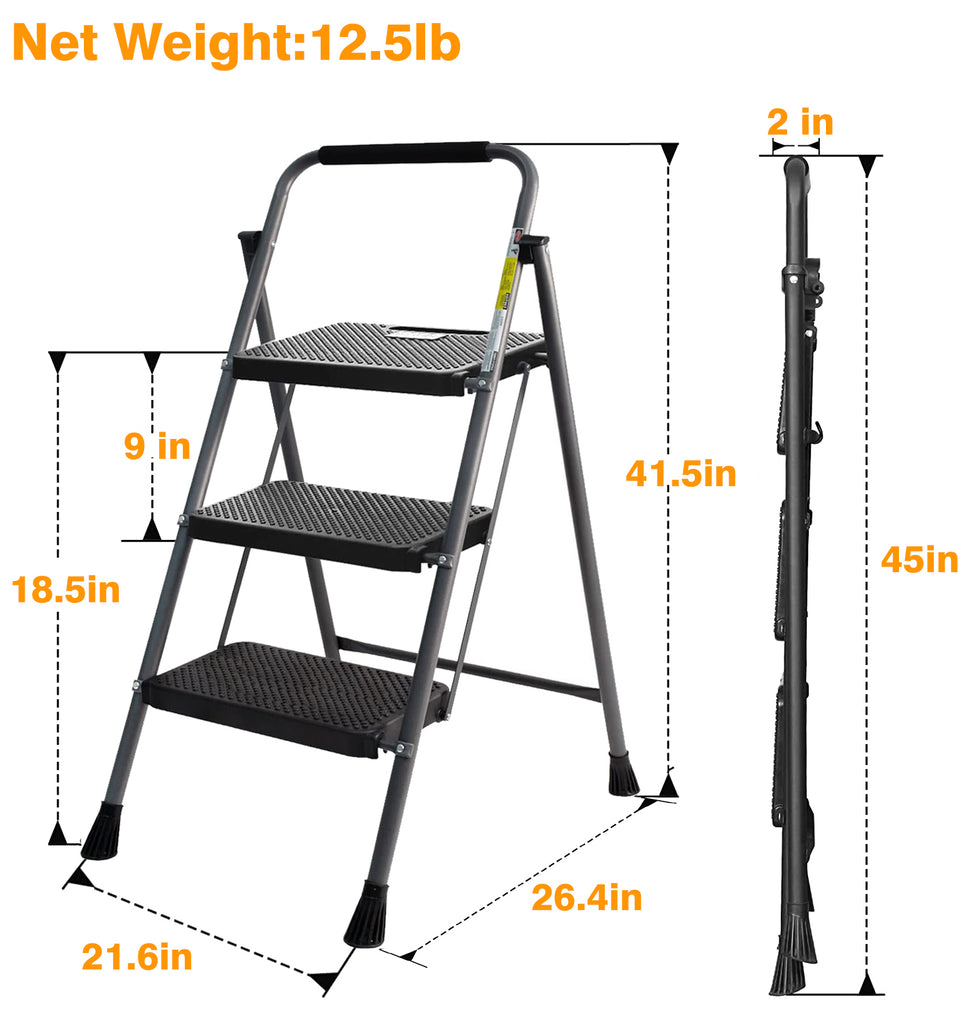 3-Step Pro-Grade Steel Step Stool, 330 lbs. Load Capacity Type IA Duty ...