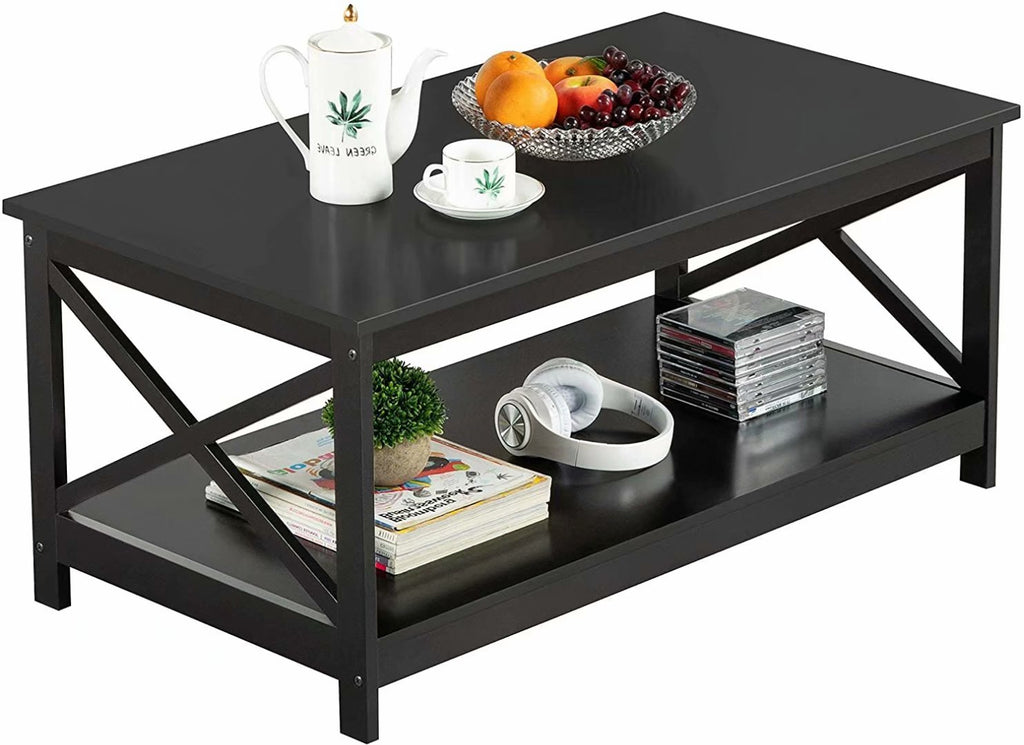 Wood 2-Tier Black Coffee Table with Storage Shelf for Living Room, X D ...